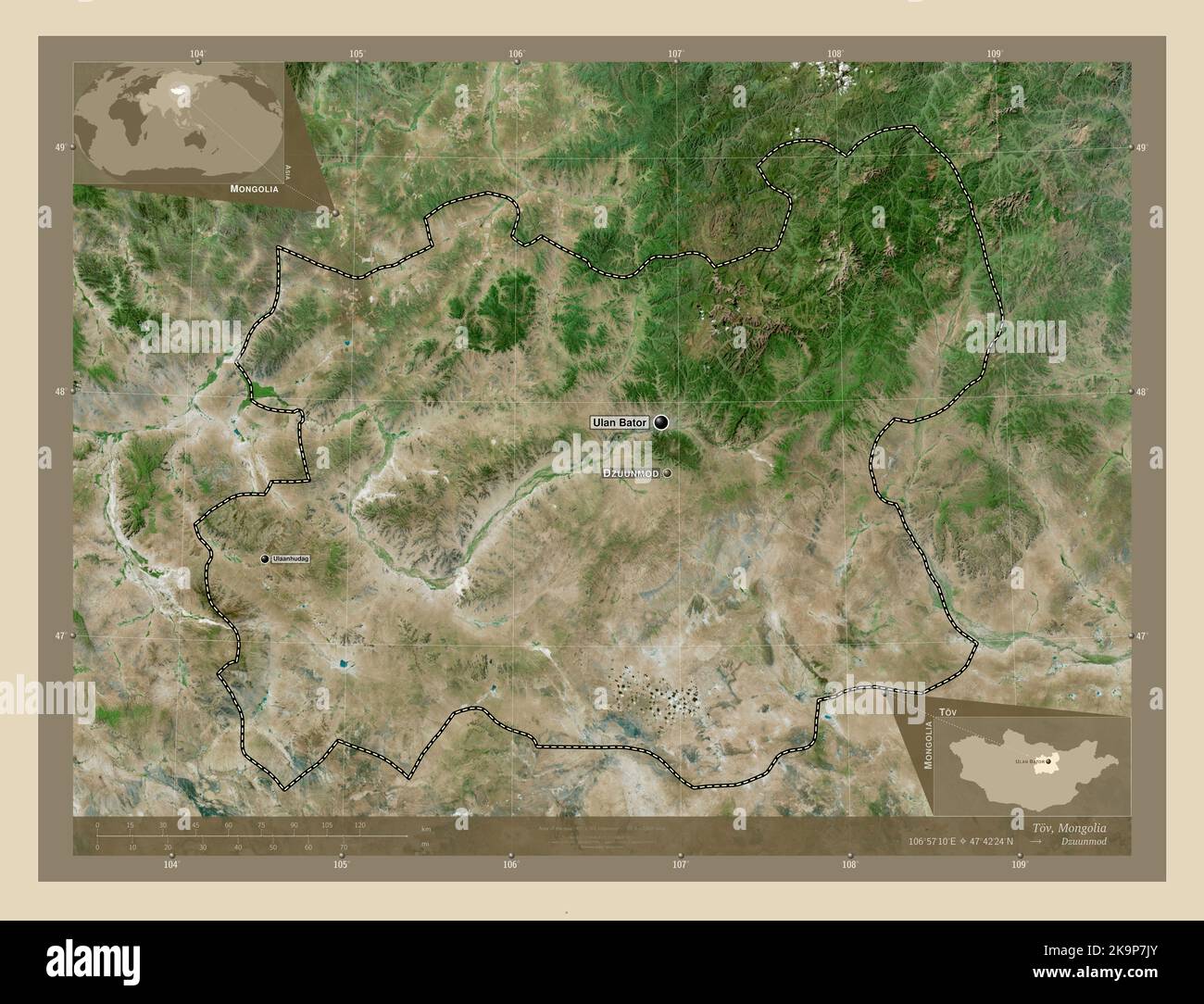 Tov, province of Mongolia. High resolution satellite map. Locations and ...