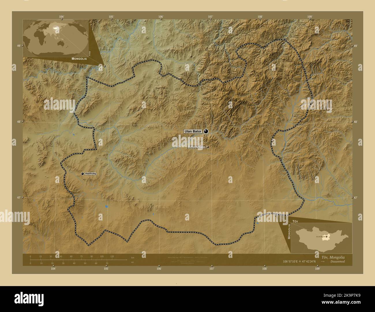 Tov, province of Mongolia. Colored elevation map with lakes and rivers ...