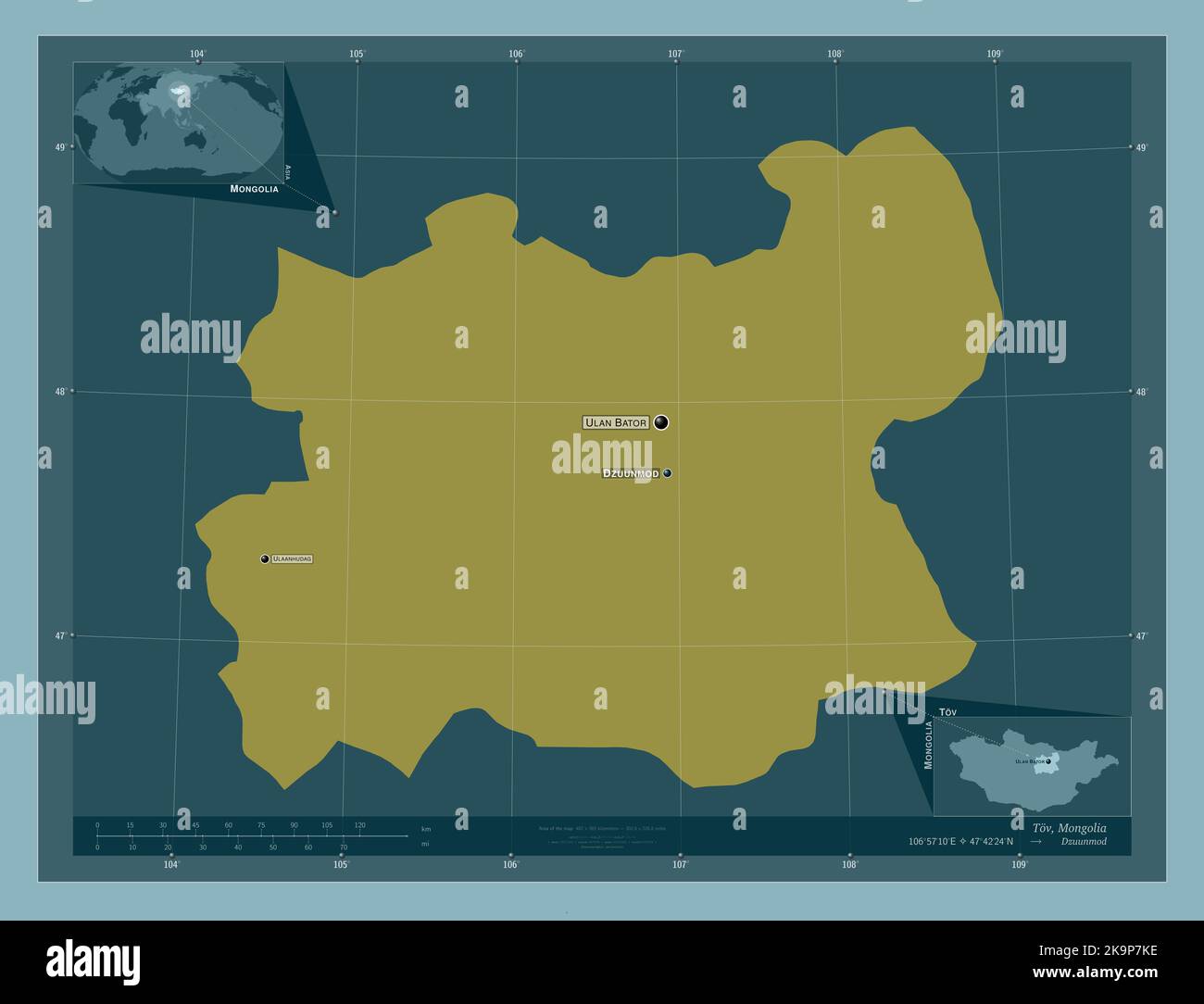 Tov, province of Mongolia. Solid color shape. Locations and names of ...