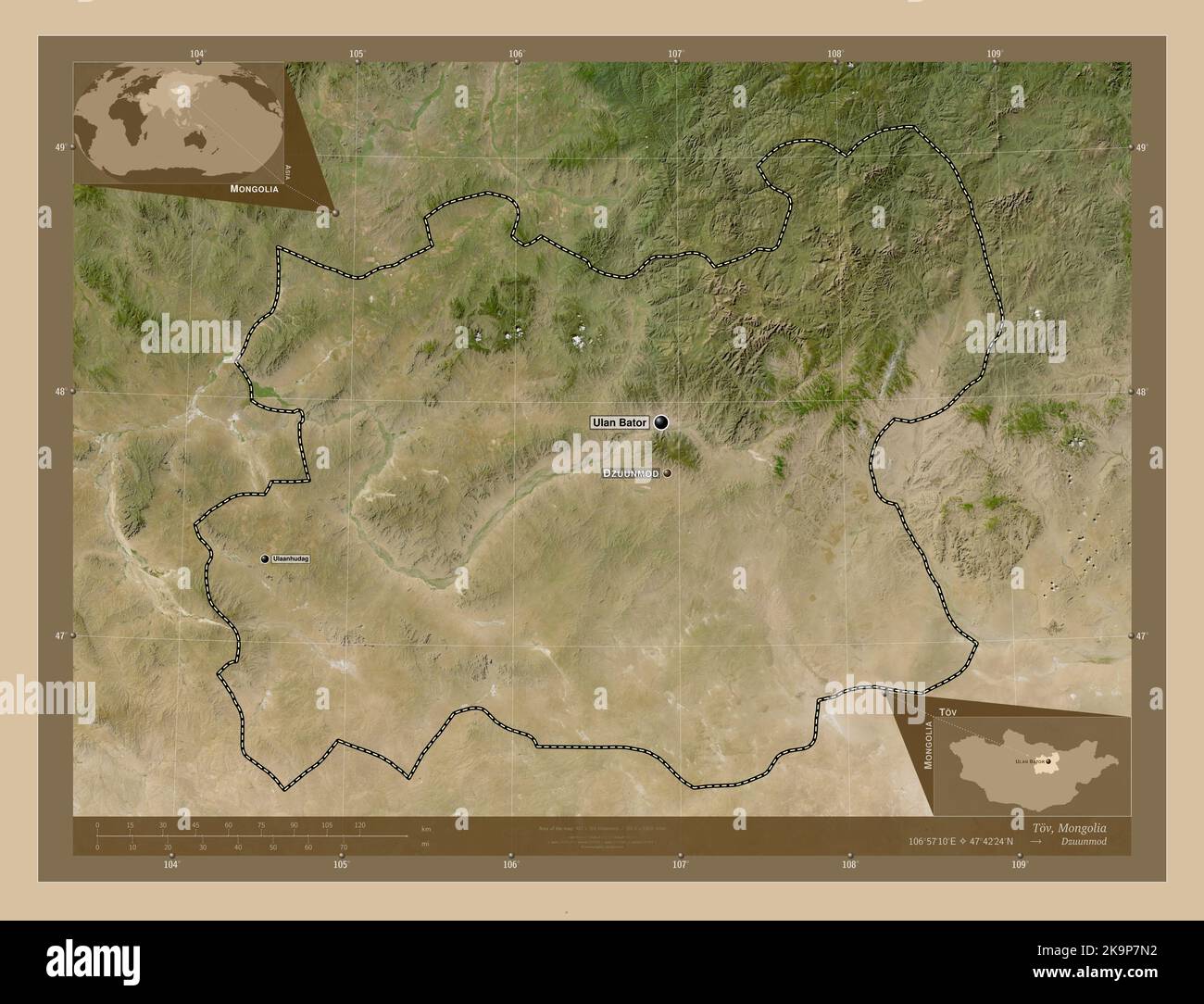 Tov, province of Mongolia. Low resolution satellite map. Locations and ...