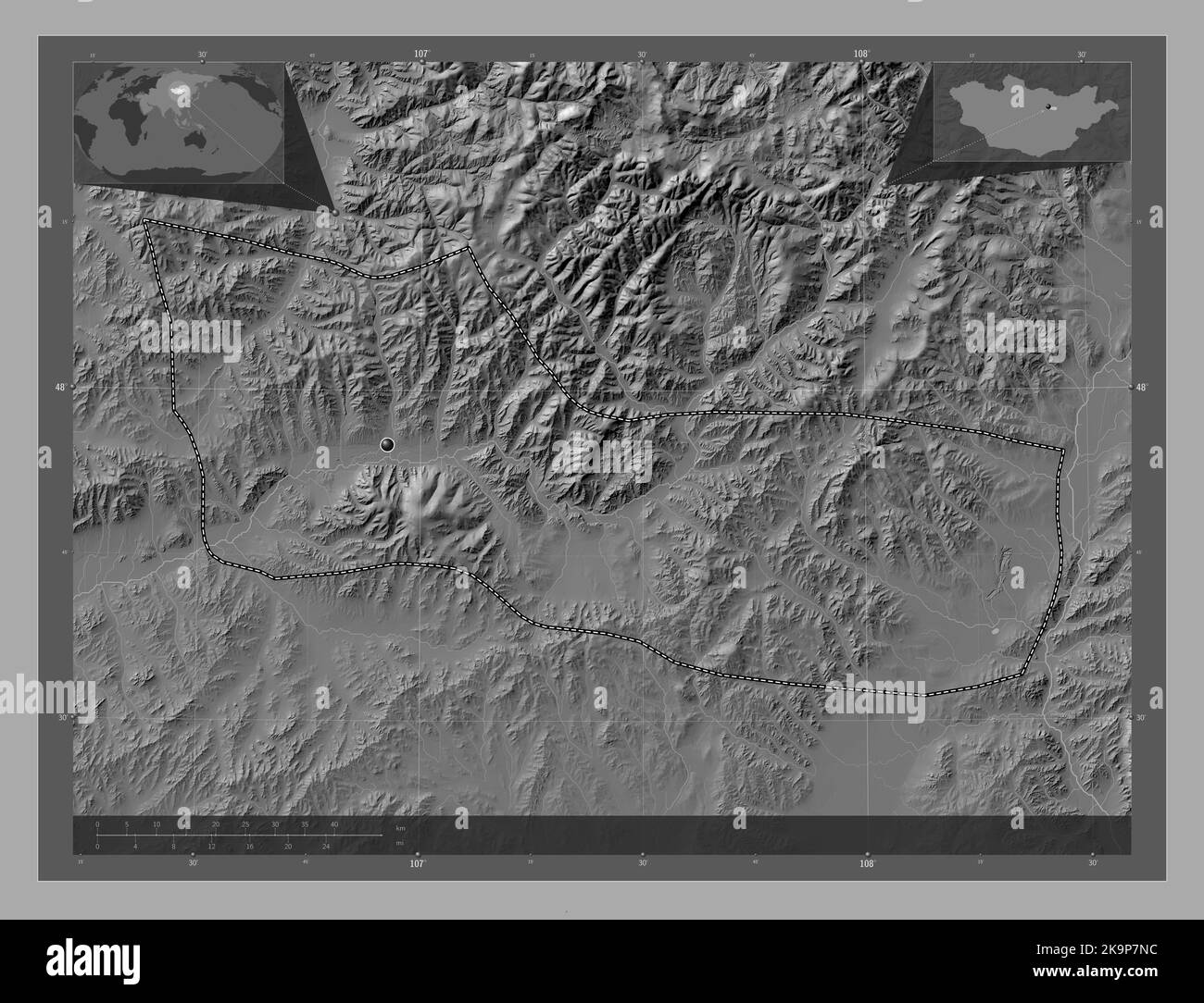 Ulaanbaatar, municipality of Mongolia. Bilevel elevation map with lakes ...