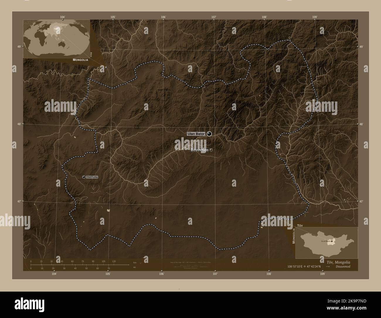 Tov, province of Mongolia. Elevation map colored in sepia tones with ...