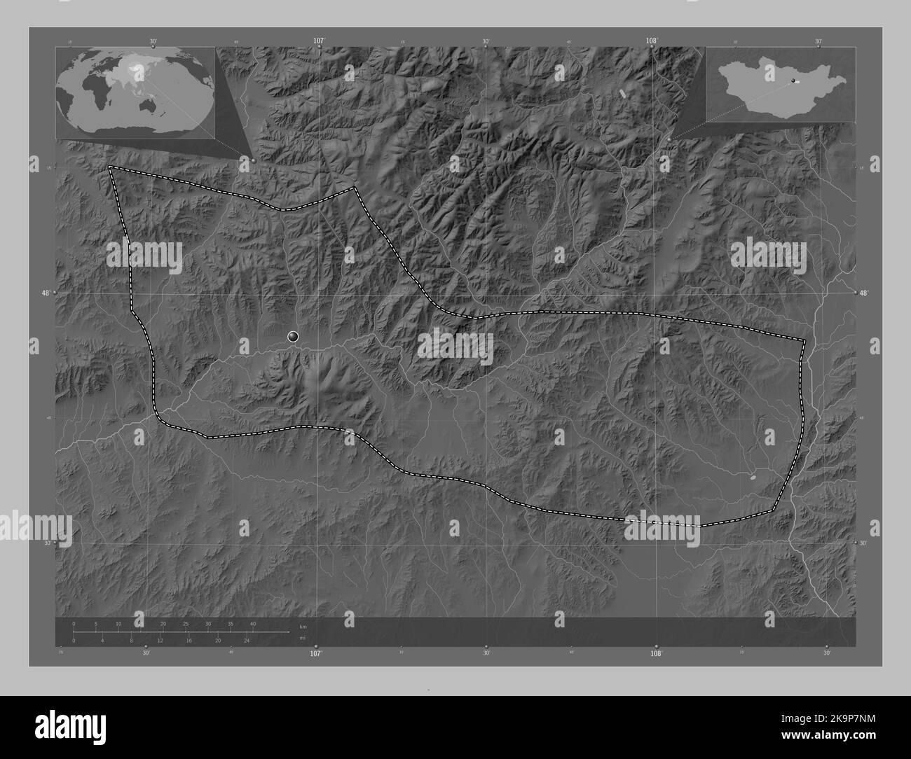 Ulaanbaatar, municipality of Mongolia. Grayscale elevation map with ...