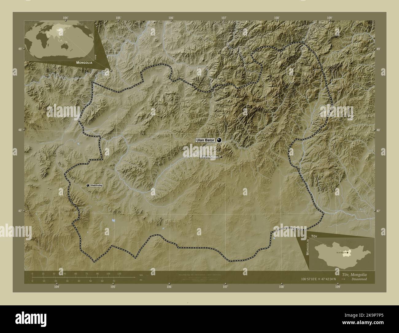 Tov, province of Mongolia. Elevation map colored in wiki style with ...