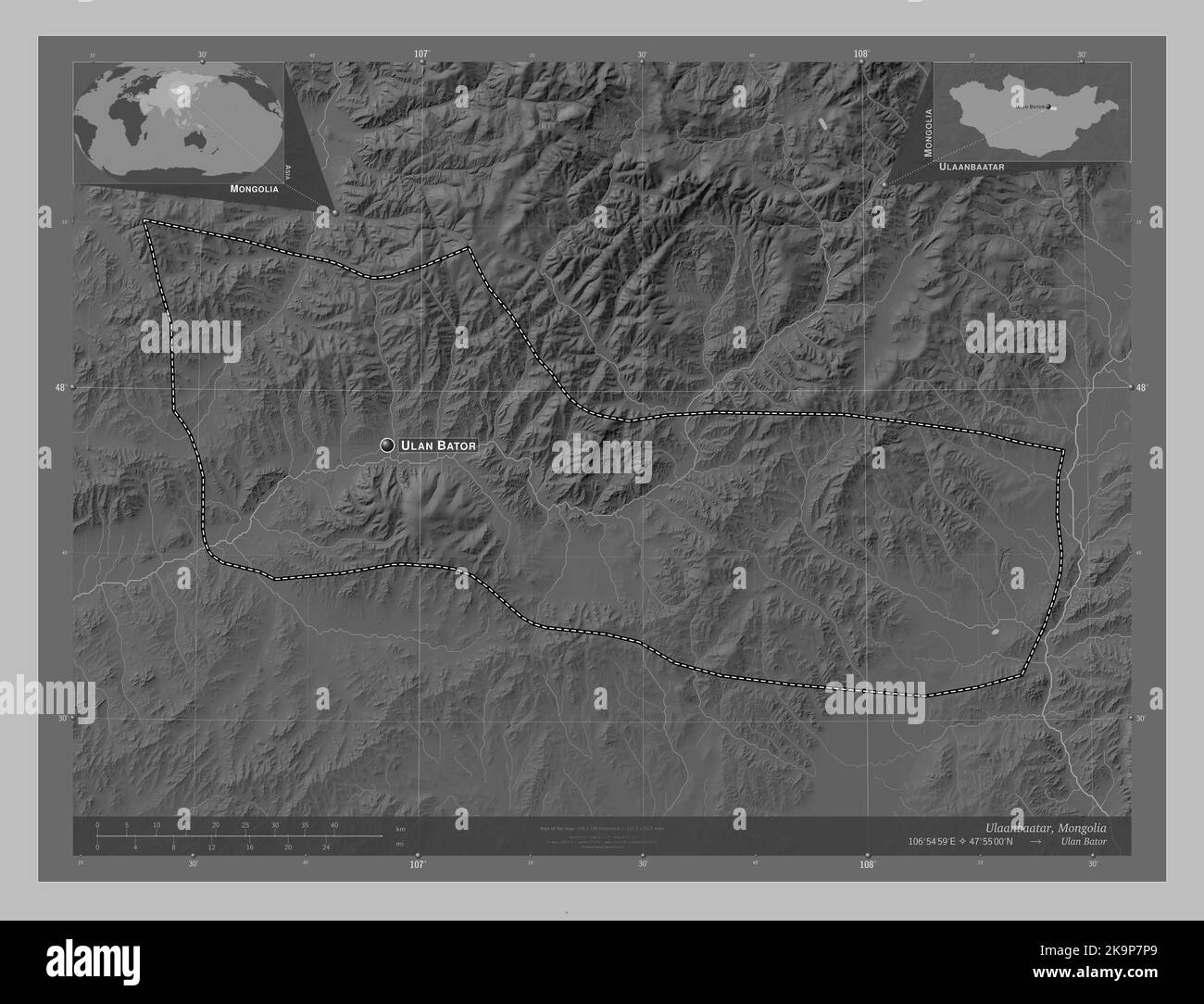 Ulaanbaatar, municipality of Mongolia. Grayscale elevation map with ...