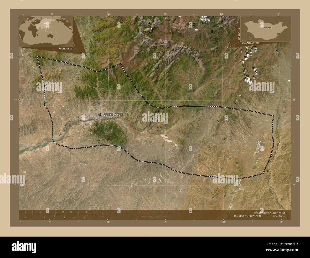 Ulaanbaatar, municipality of Mongolia. Low resolution satellite map ...