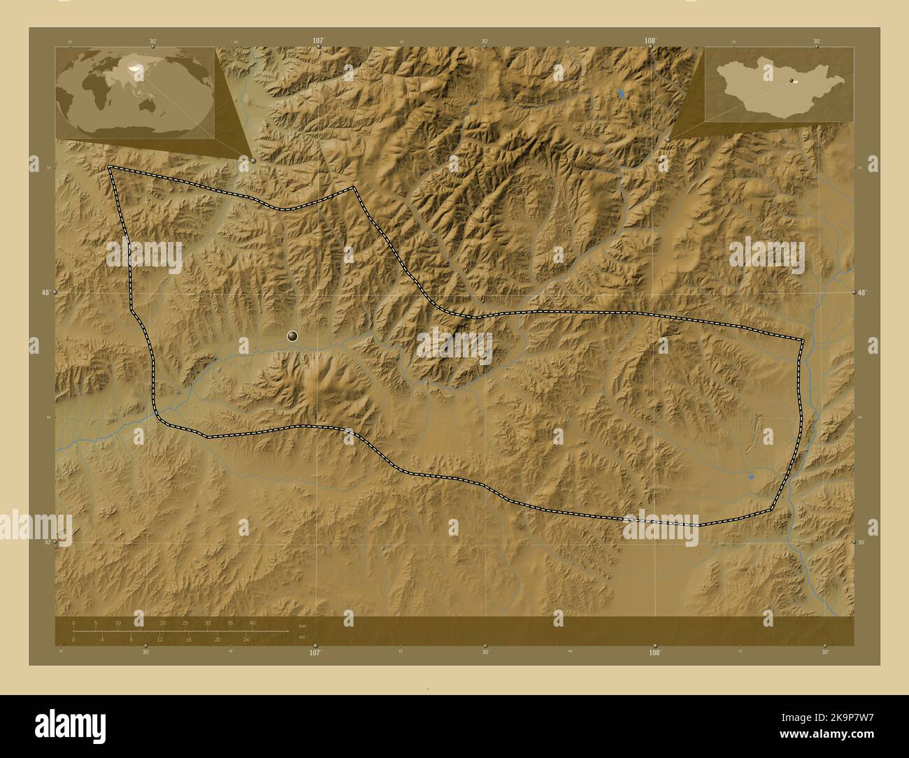 Ulaanbaatar, municipality of Mongolia. Colored elevation map with lakes ...