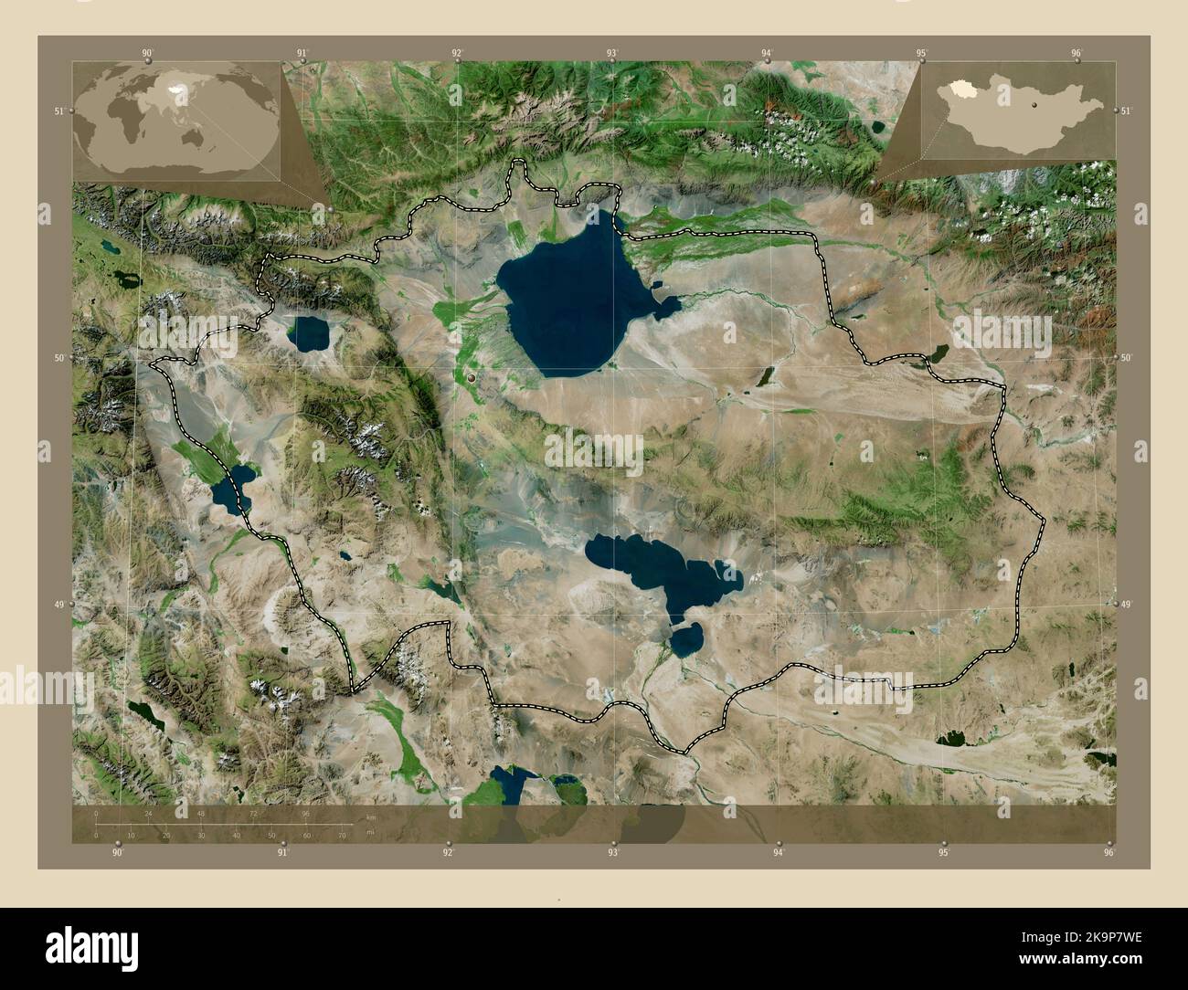 Uvs, province of Mongolia. High resolution satellite map. Locations of ...