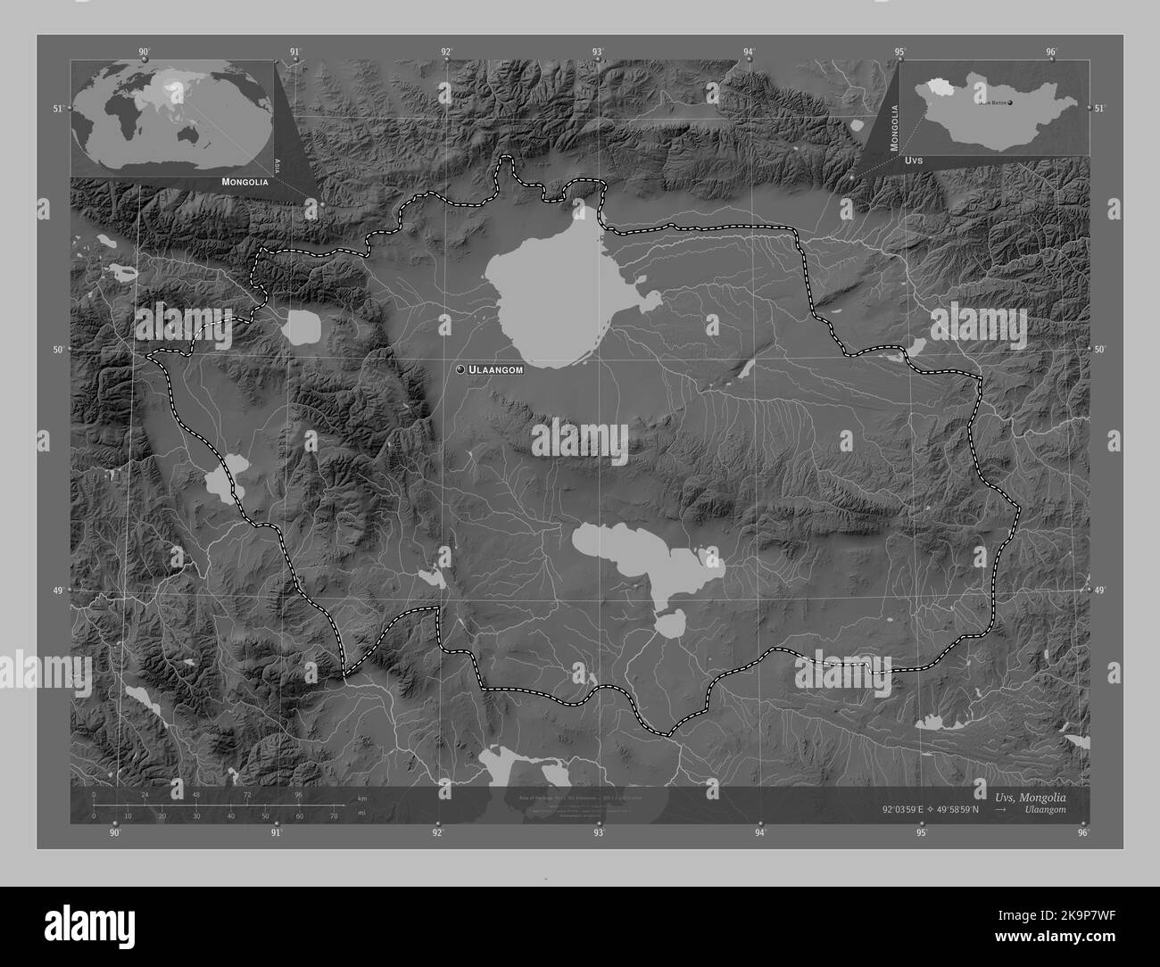 Uvs, province of Mongolia. Grayscale elevation map with lakes and ...