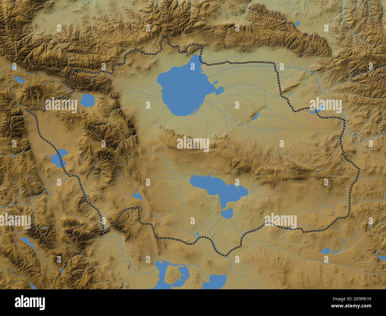 Uvs, province of Mongolia. Colored elevation map with lakes and rivers ...