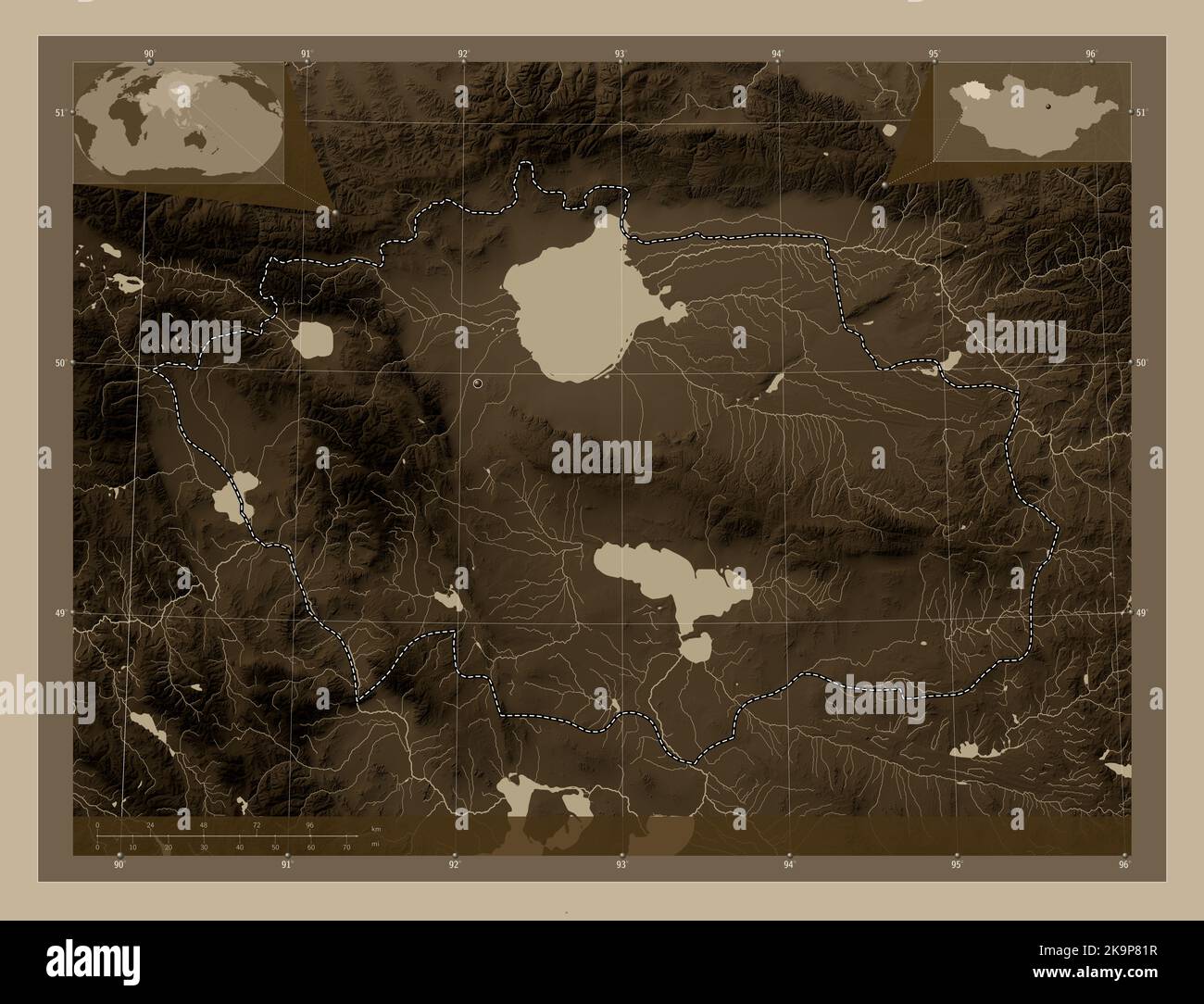 Uvs, province of Mongolia. Elevation map colored in sepia tones with ...