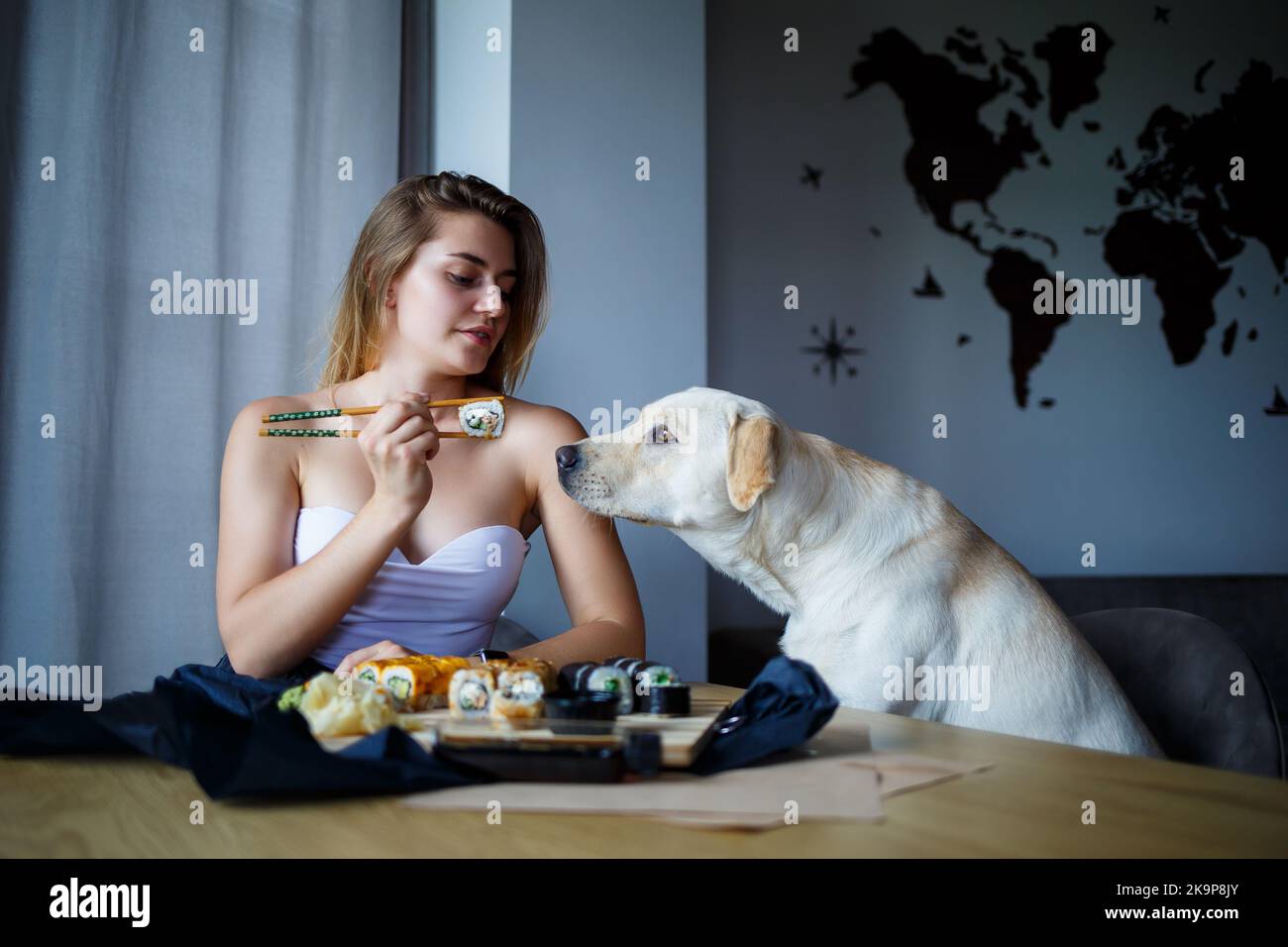 Beautiful girl eating sushi close-up with her dog labrador, smiling ...