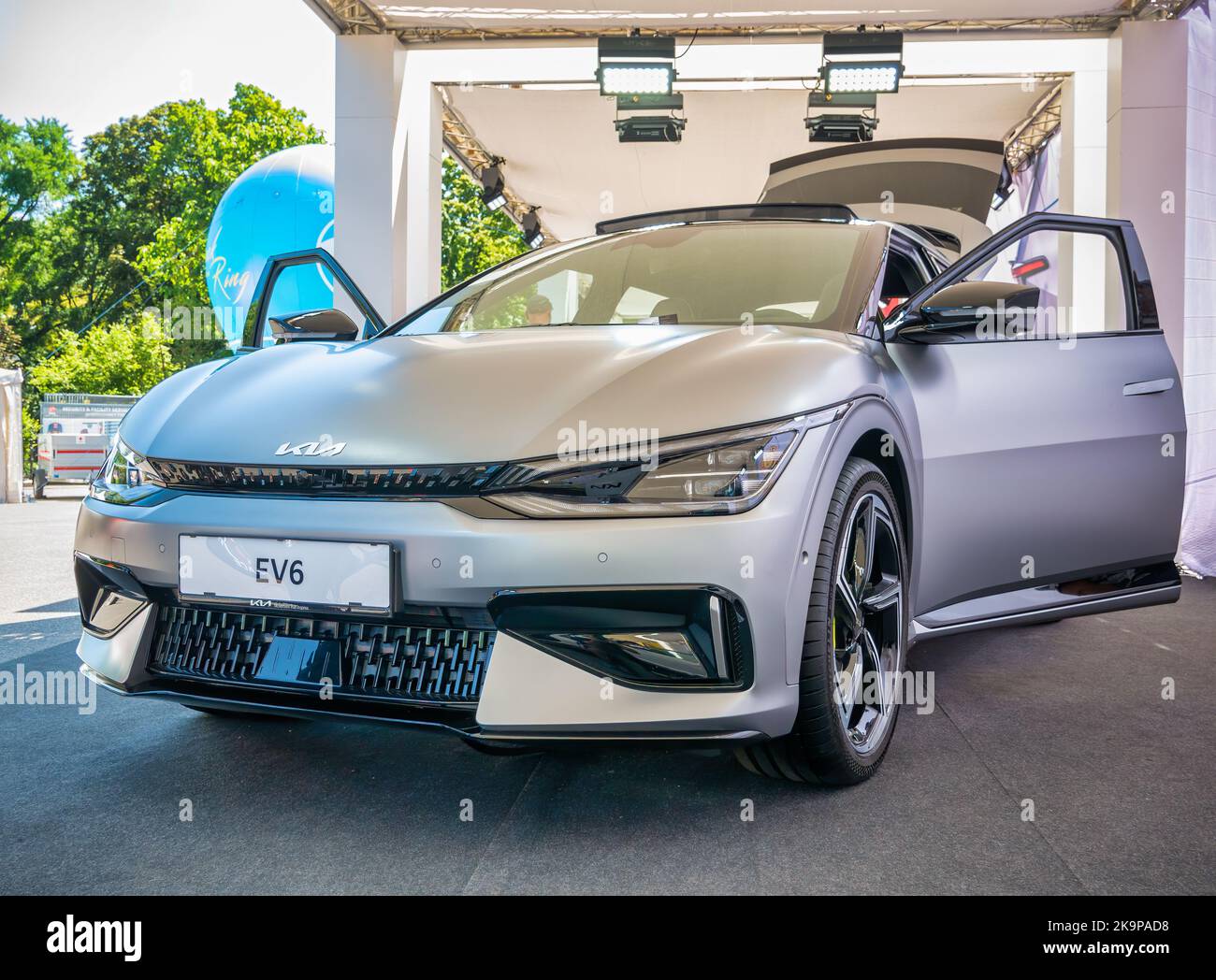 Vienna, Austria - June 2022: Close up detail with the new Kia EV6 ...