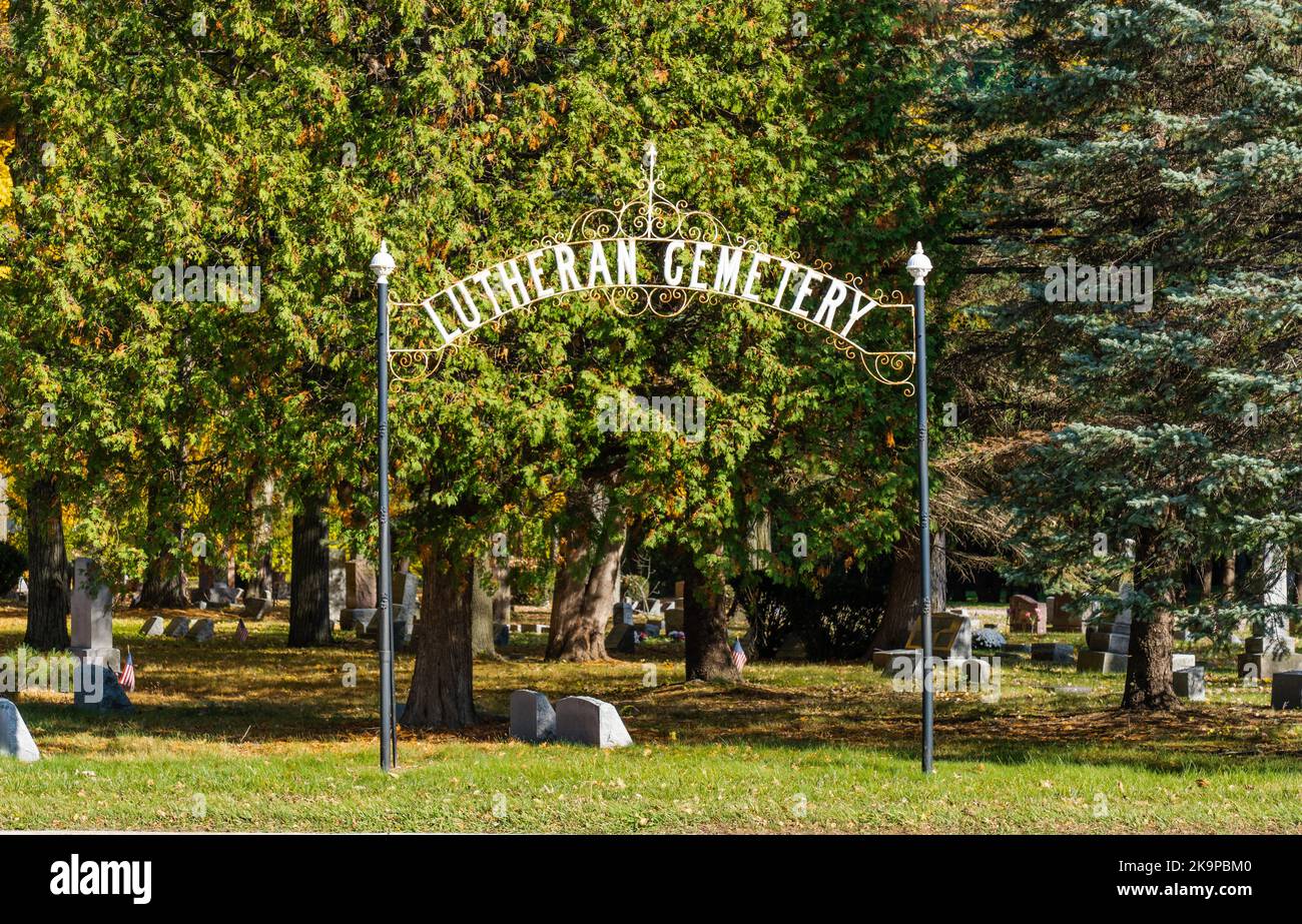 Old Lutheran Cemetery sign with old metal lettering at cemetery grounds ...