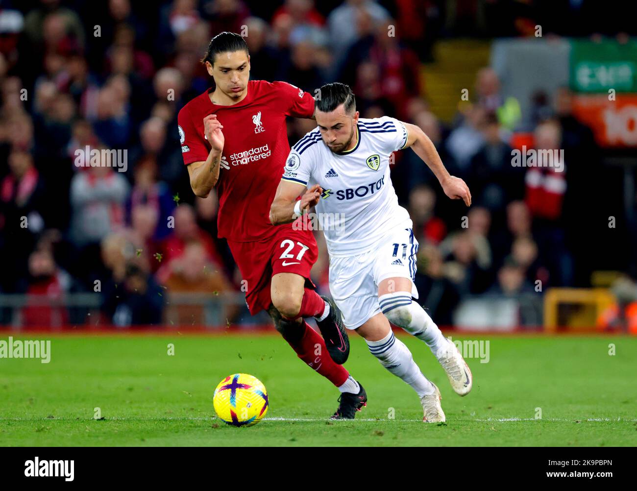 Leeds United's Jack Harrison (right) and Liverpool's Darwin Nunez ...
