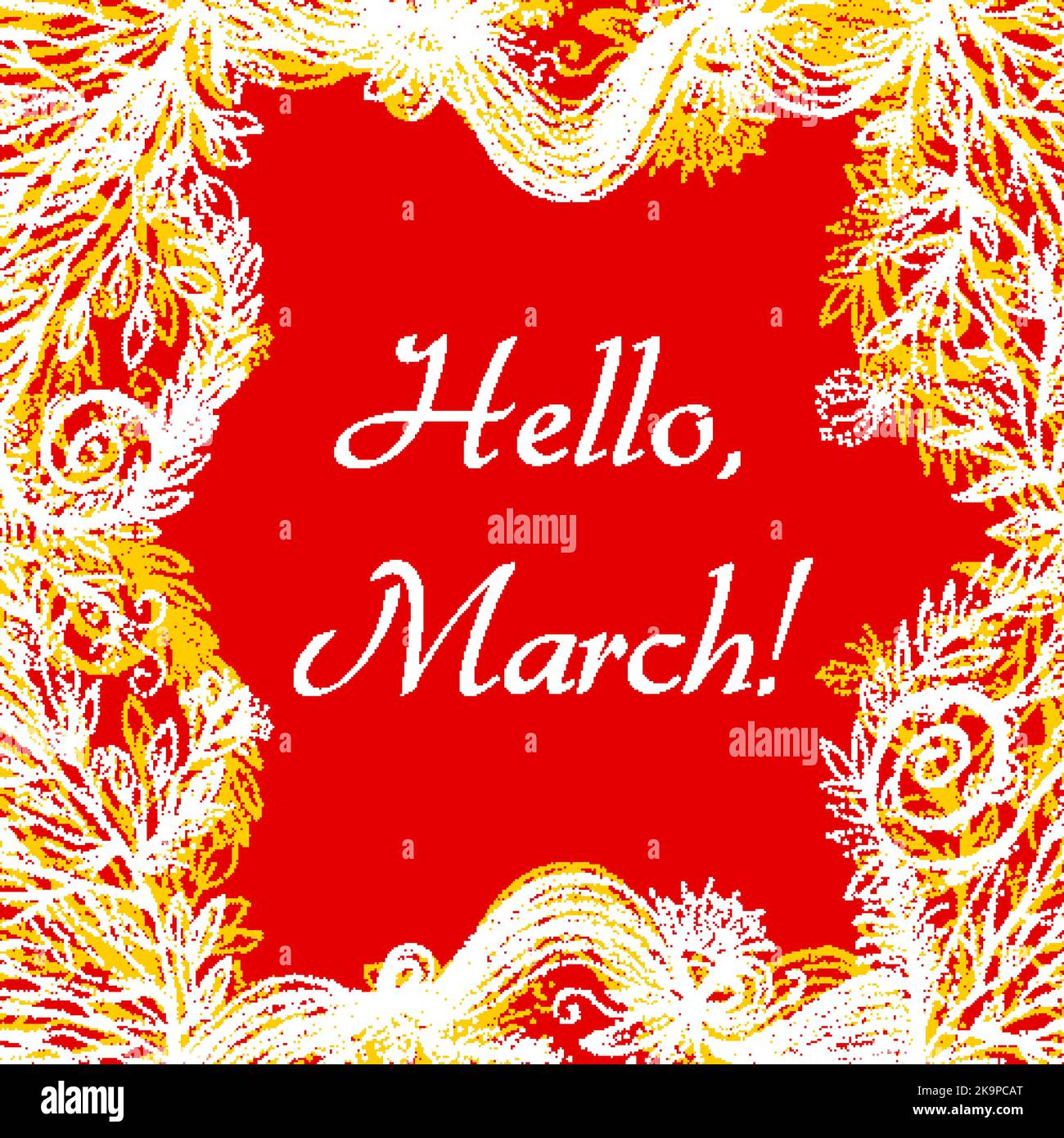 Hello March lettering on colorful background with herbal doodle ...