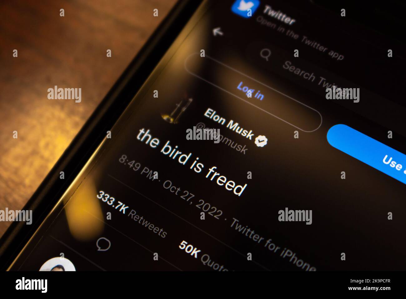 Vancouver, CANADA - Oct 29 2022 : Closeup a tweet “the bird is freed ...