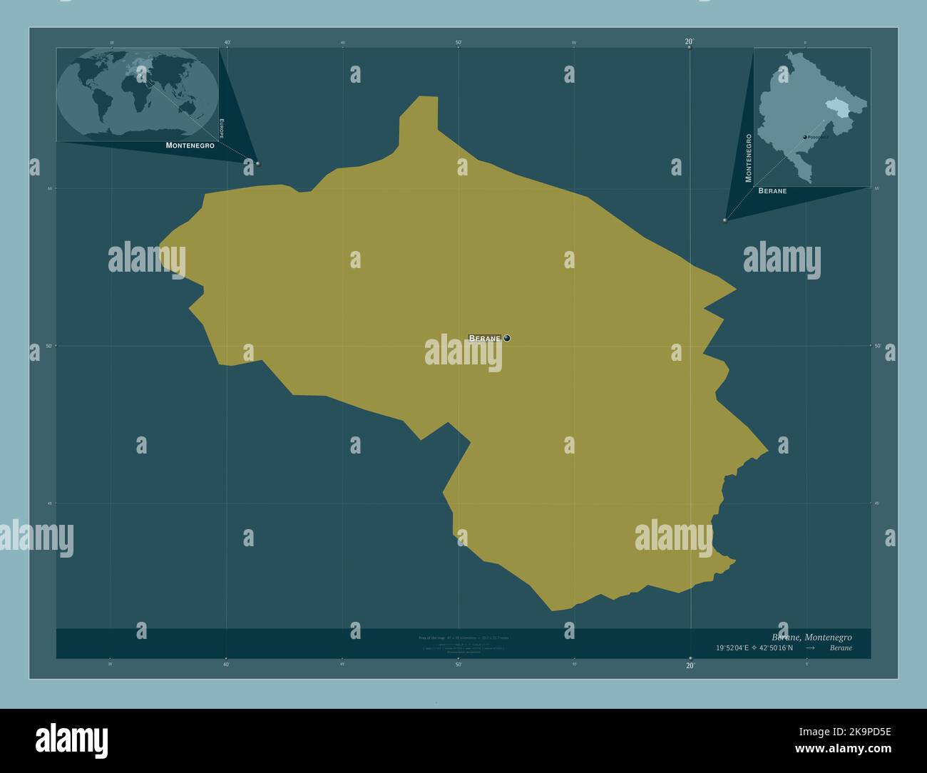 Berane, municipality of Montenegro. Solid color shape. Locations and ...
