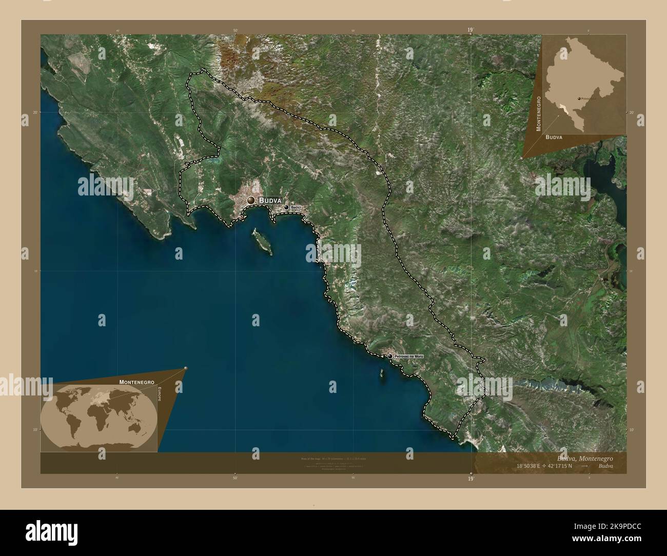Budva, municipality of Montenegro. Low resolution satellite map ...