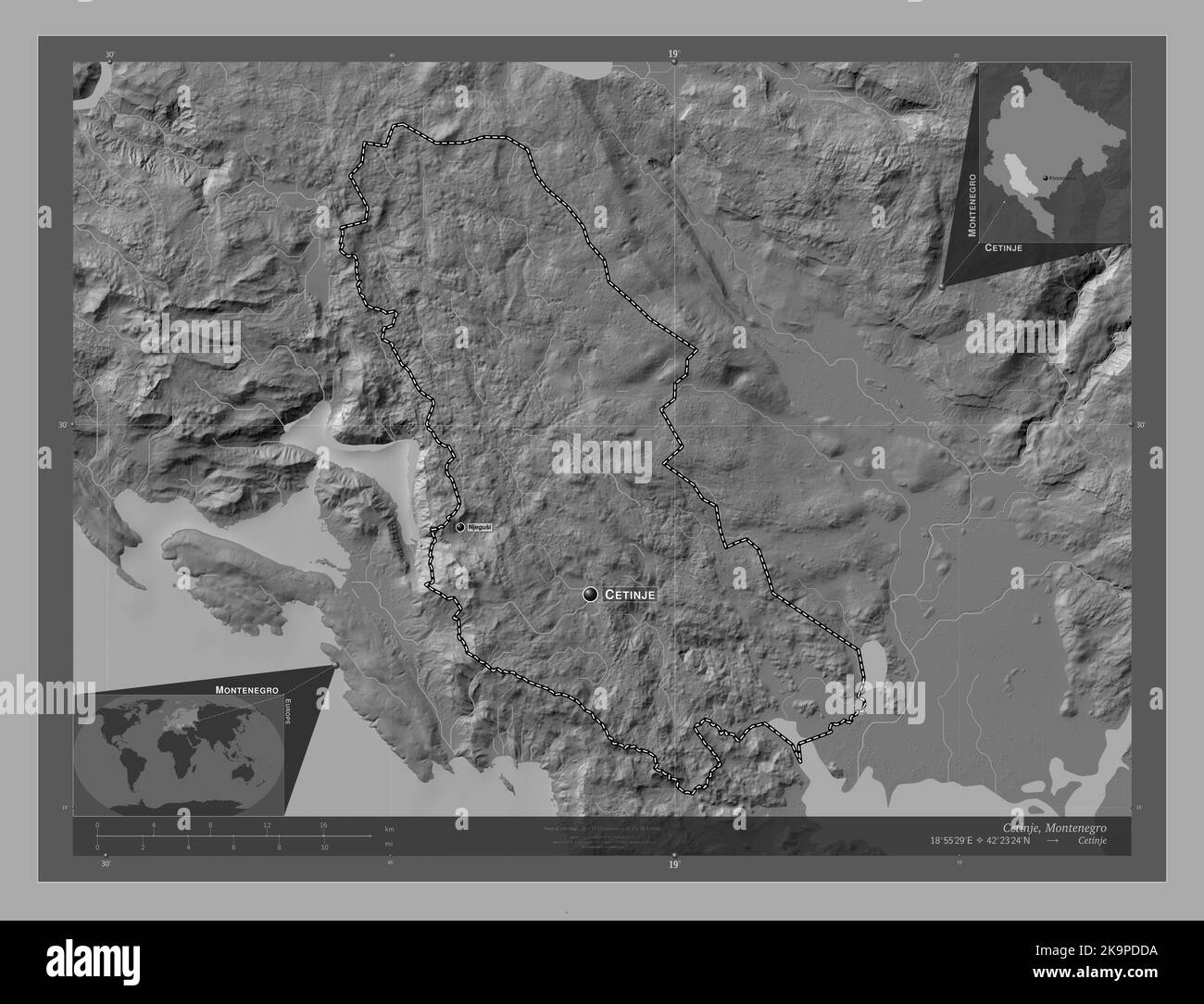 Cetinje, municipality of Montenegro. Bilevel elevation map with lakes ...