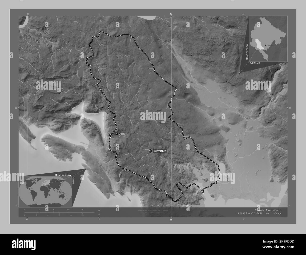 Cetinje, municipality of Montenegro. Grayscale elevation map with lakes ...