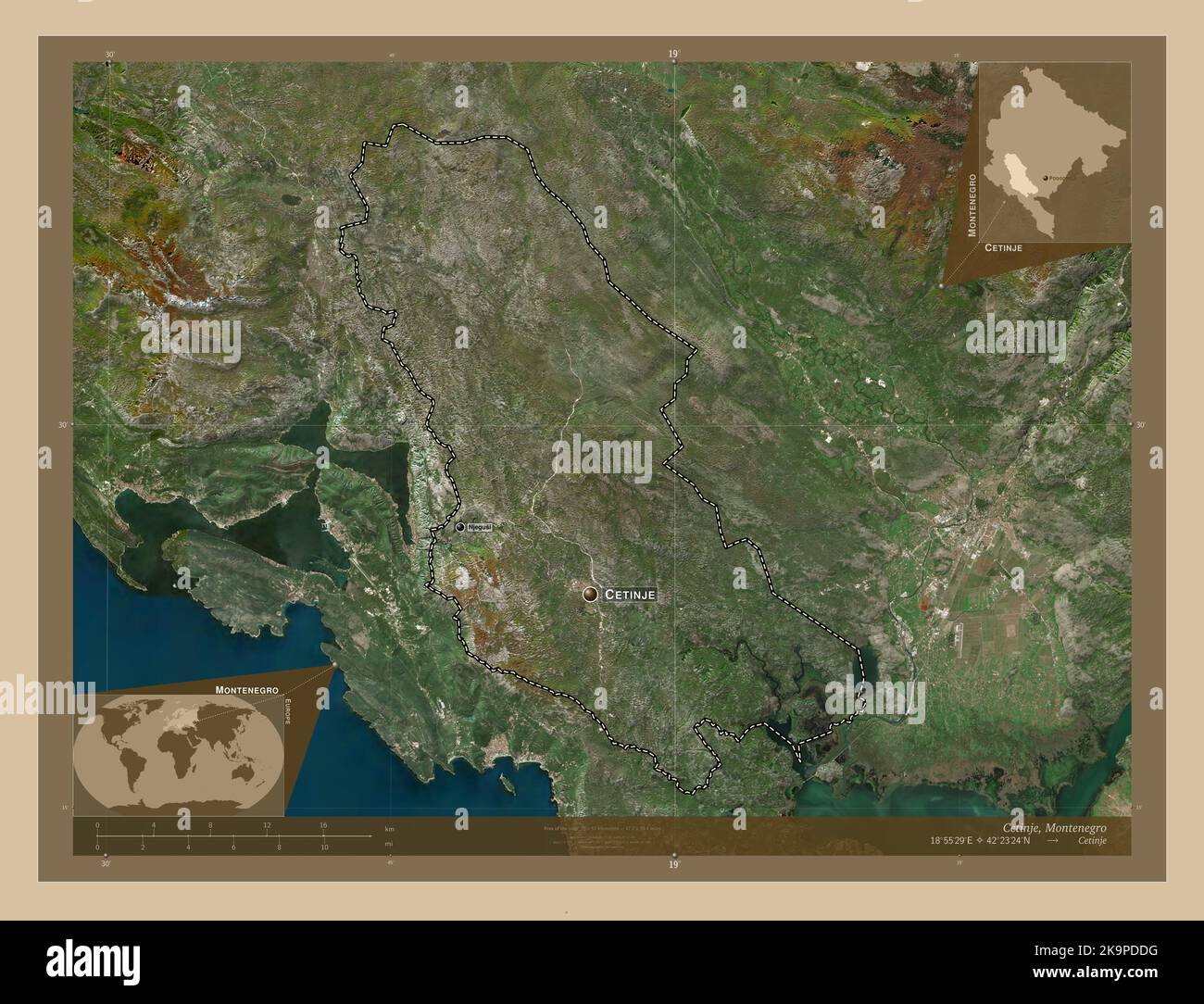 Cetinje, municipality of Montenegro. Low resolution satellite map ...