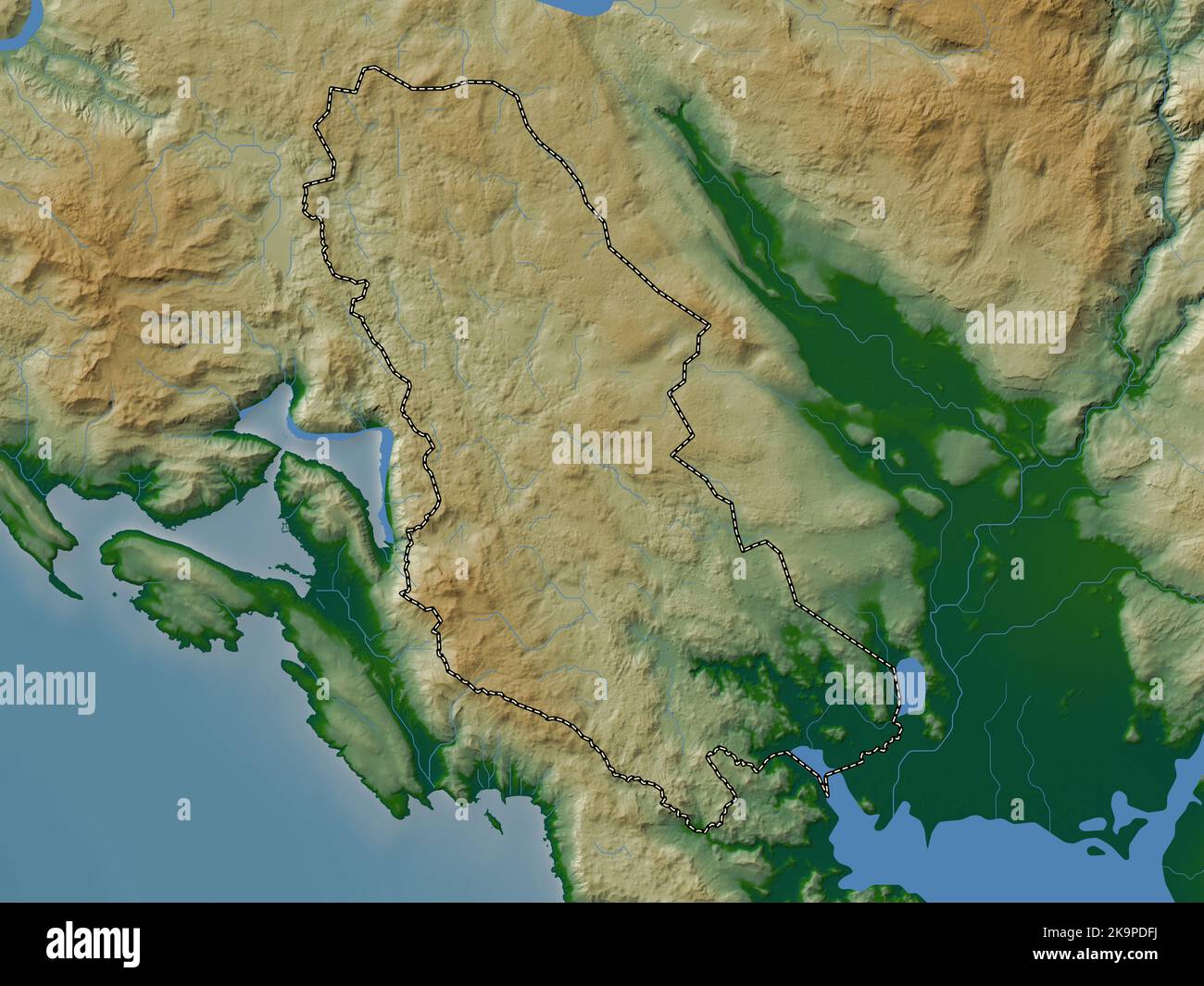 Cetinje, municipality of Montenegro. Colored elevation map with lakes ...