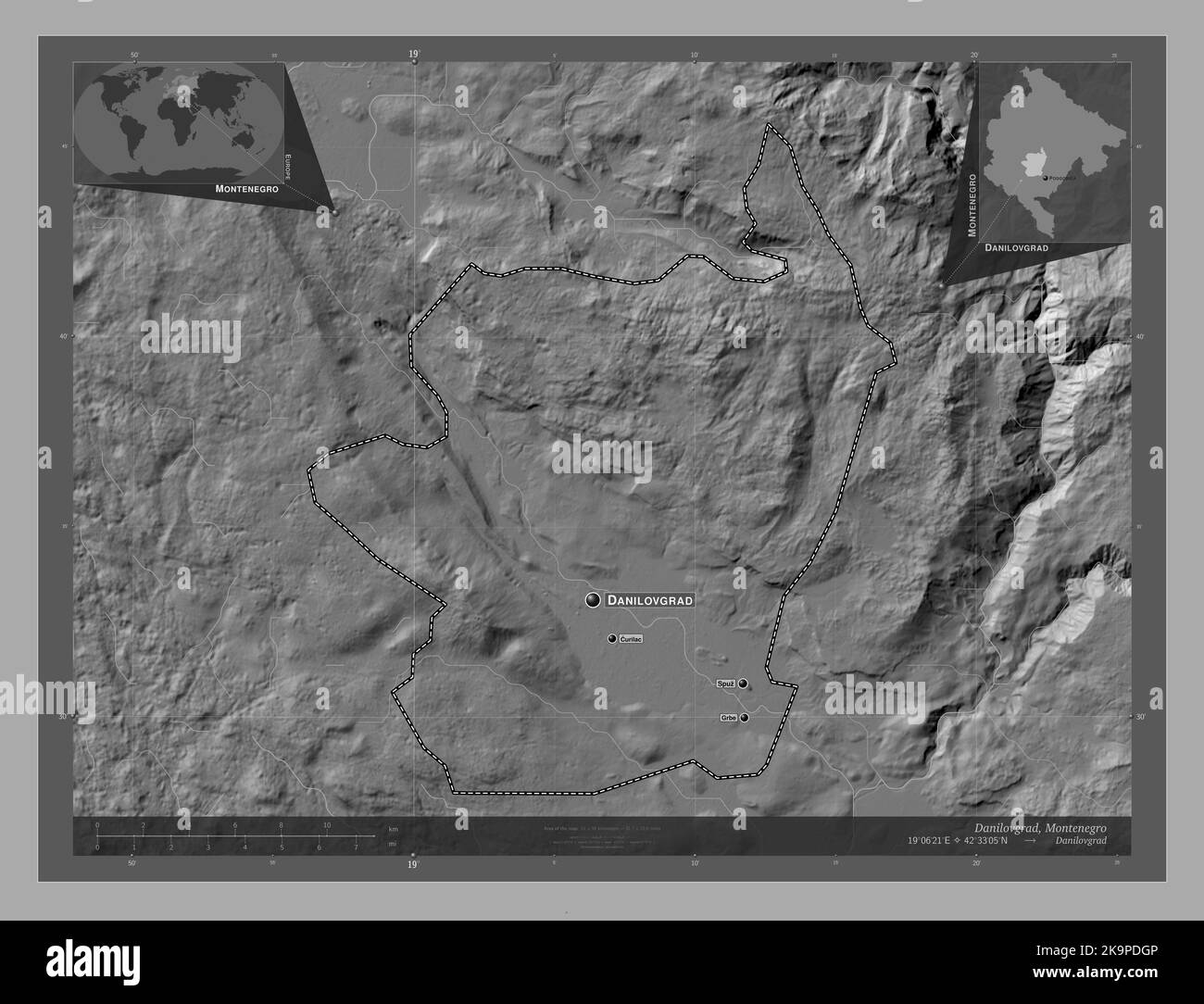 Danilovgrad, municipality of Montenegro. Bilevel elevation map with ...