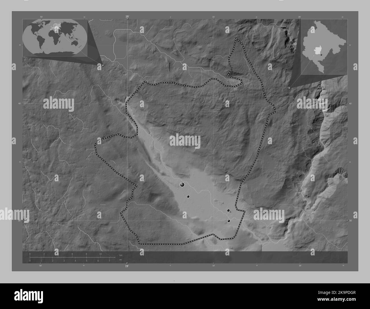 Danilovgrad, municipality of Montenegro. Grayscale elevation map with ...