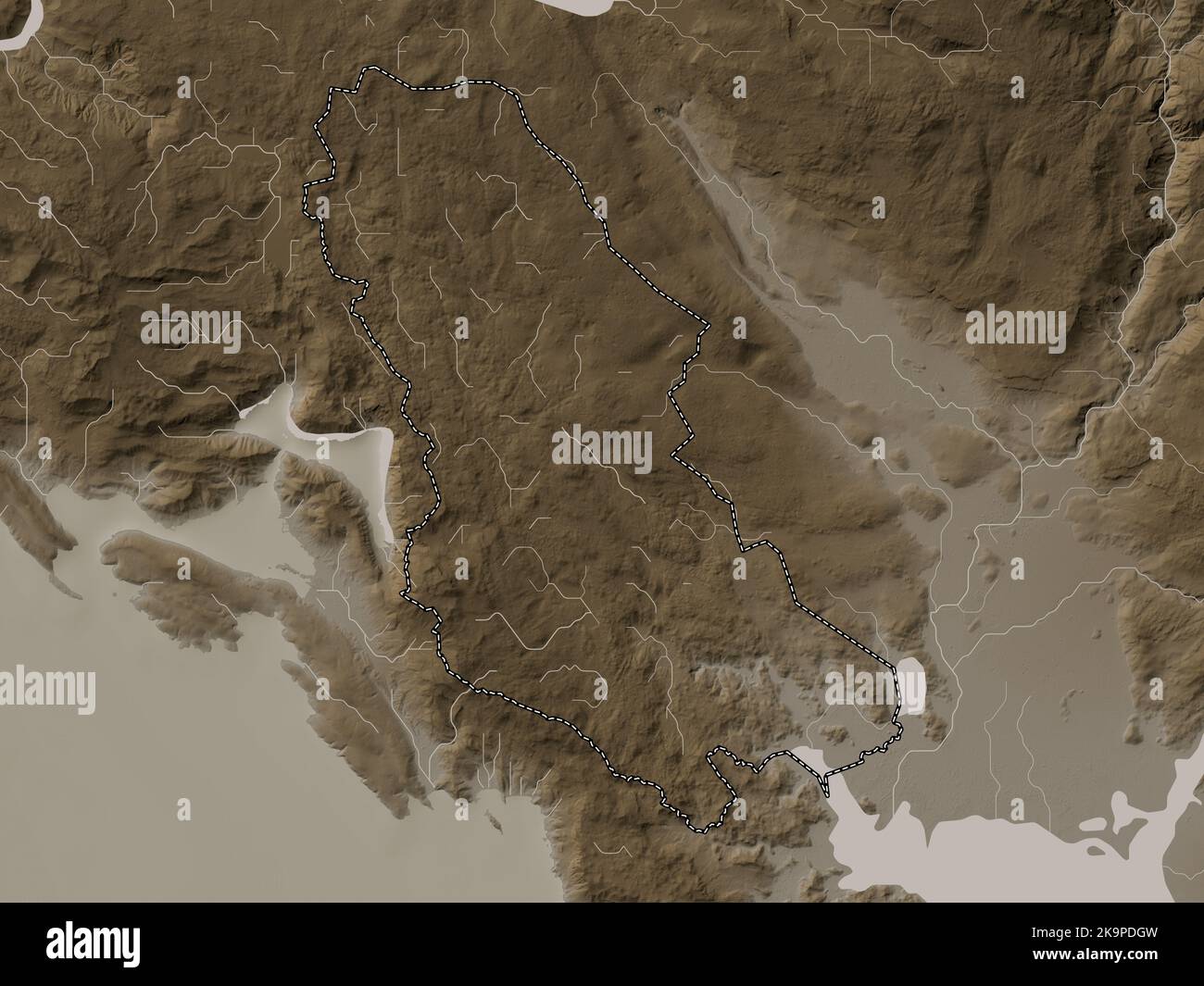 Cetinje, municipality of Montenegro. Elevation map colored in sepia ...