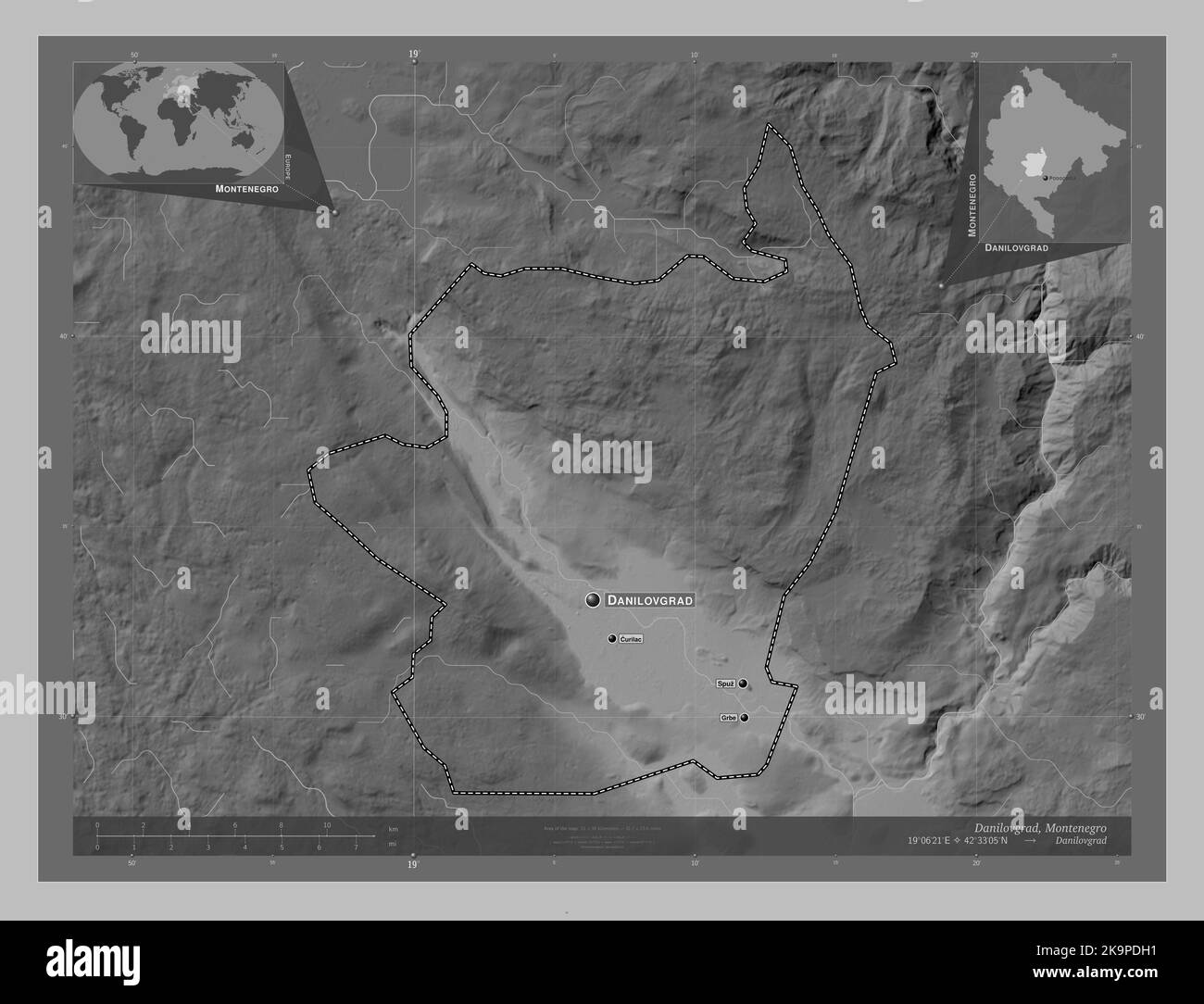Danilovgrad, municipality of Montenegro. Grayscale elevation map with ...