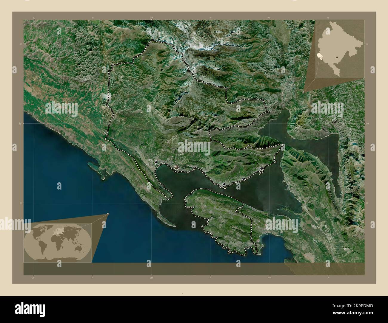 Herceg Novi, municipality of Montenegro. High resolution satellite map. Locations of major ...