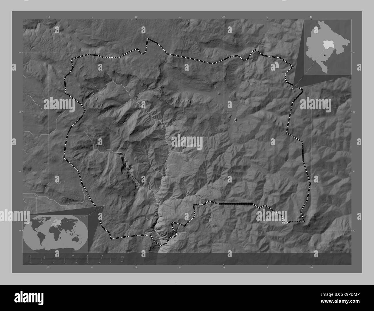 Kolasin, municipality of Montenegro. Grayscale elevation map with lakes ...