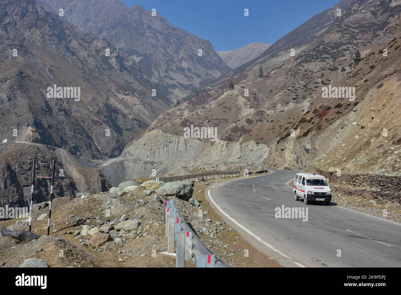 An ambulance moves along the Mughal road near the Pir Panjal Pass, also ...