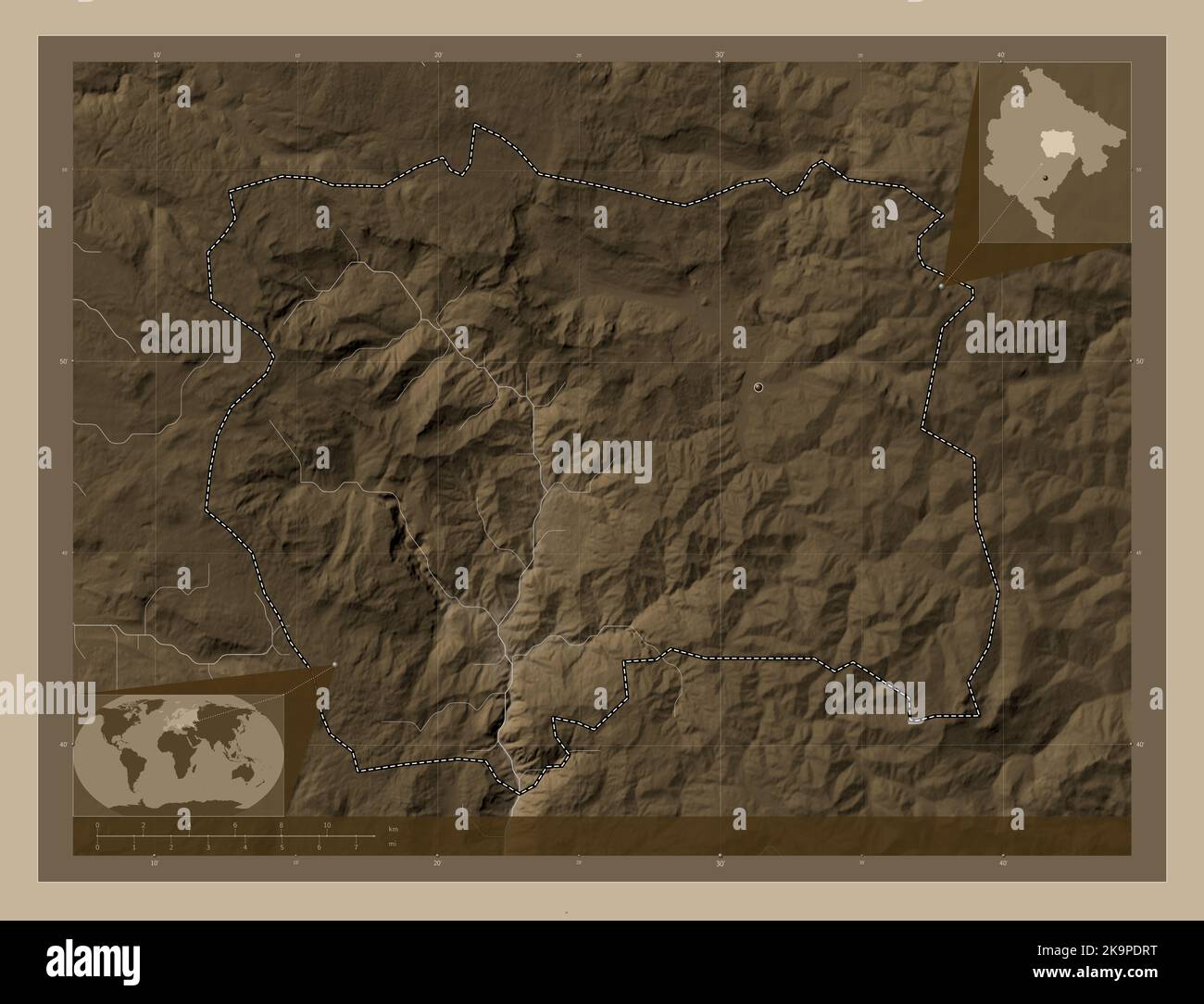 Kolasin, municipality of Montenegro. Elevation map colored in sepia ...