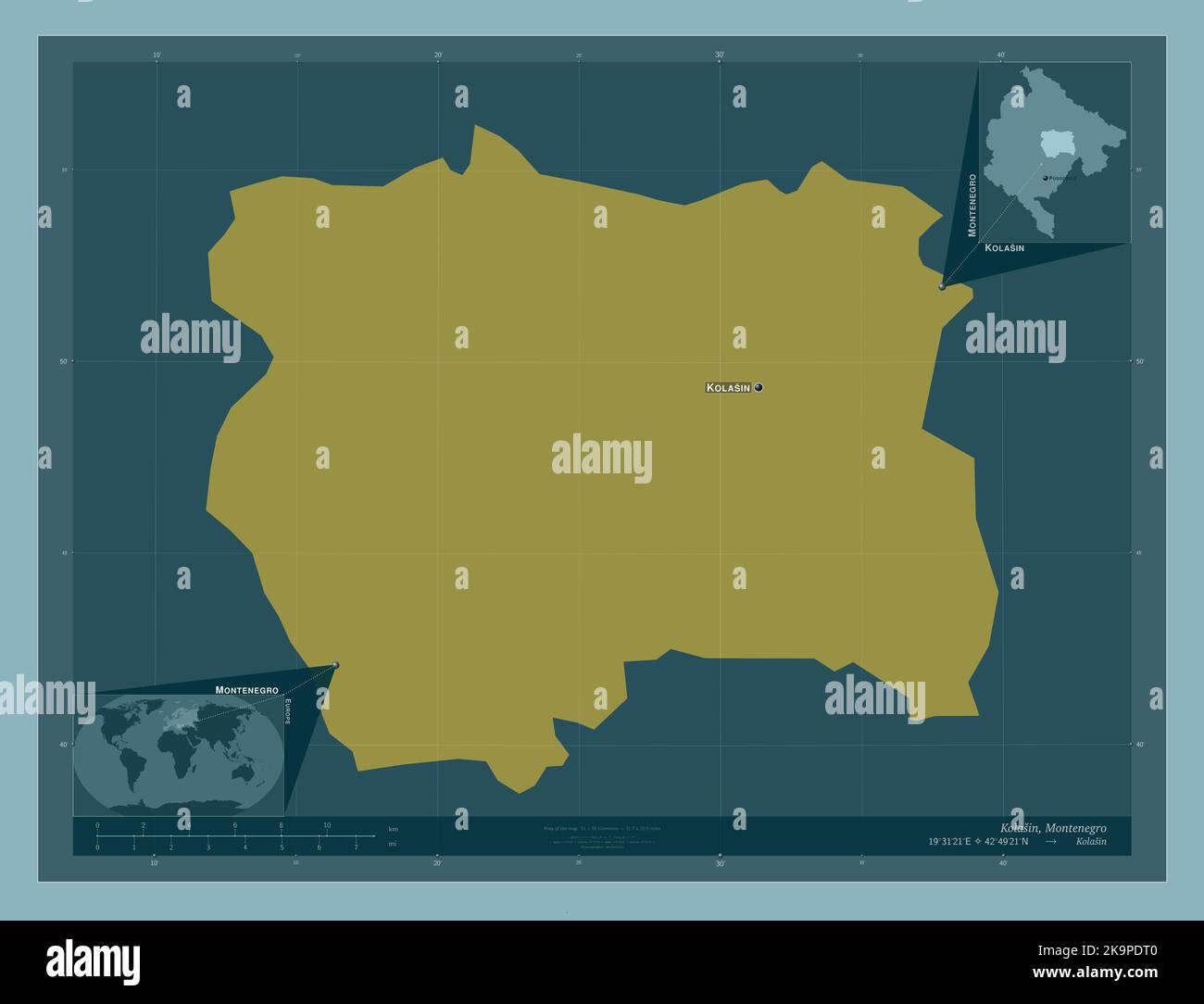 Kolasin, municipality of Montenegro. Solid color shape. Locations and ...