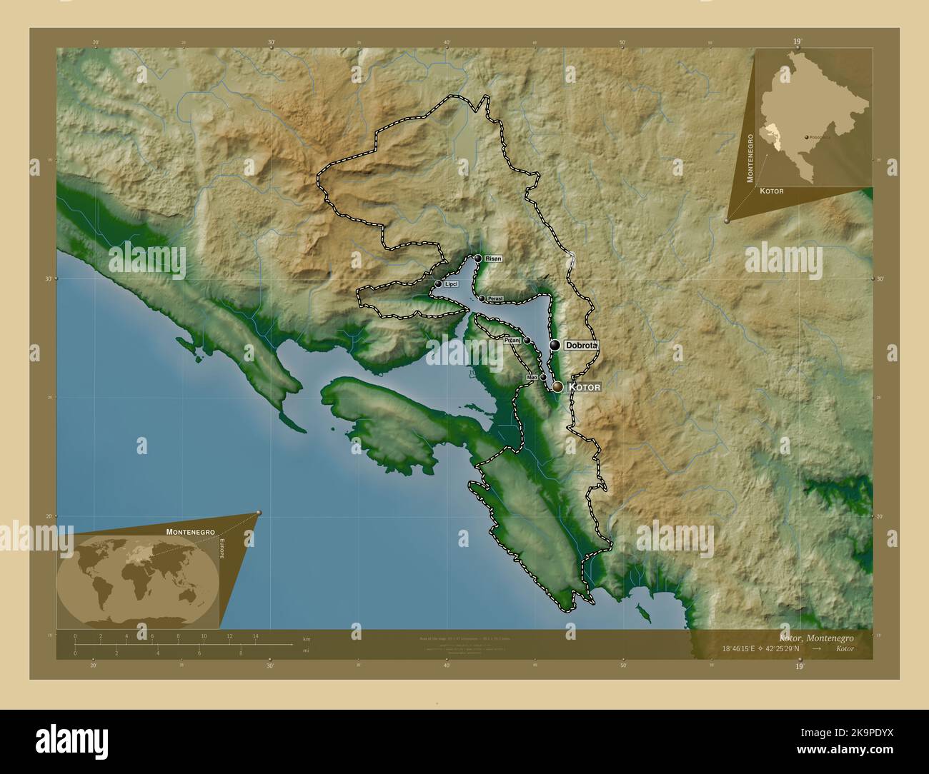 Kotor, municipality of Montenegro. Colored elevation map with lakes and ...