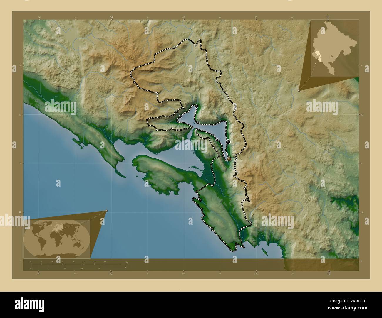 Kotor, municipality of Montenegro. Colored elevation map with lakes and ...