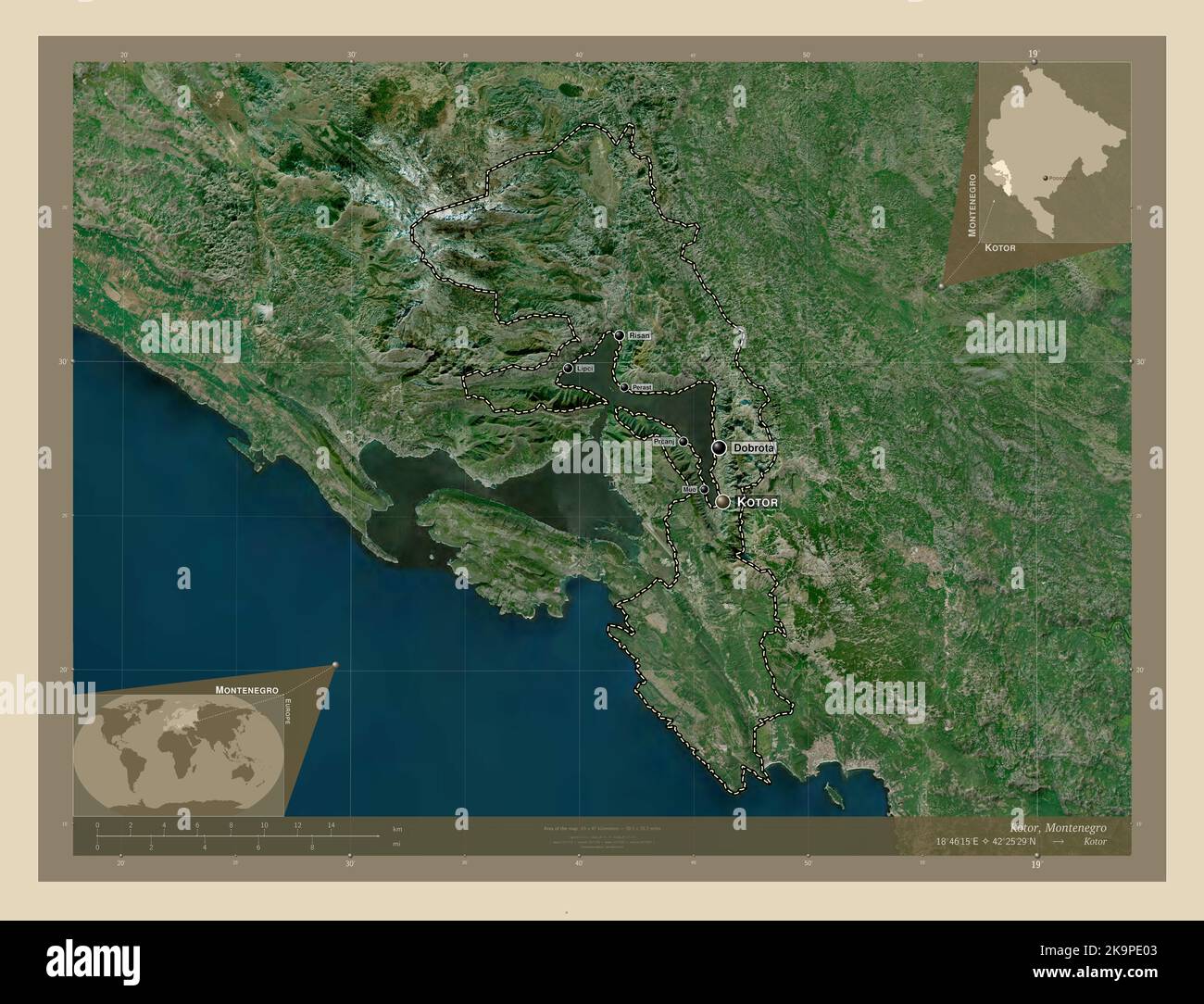 Kotor, municipality of Montenegro. High resolution satellite map ...