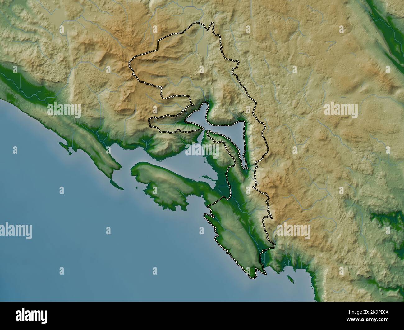 Kotor, municipality of Montenegro. Colored elevation map with lakes and ...