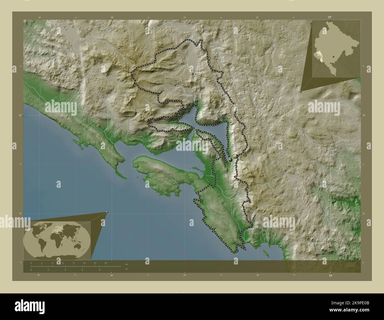 Kotor, municipality of Montenegro. Elevation map colored in wiki style ...
