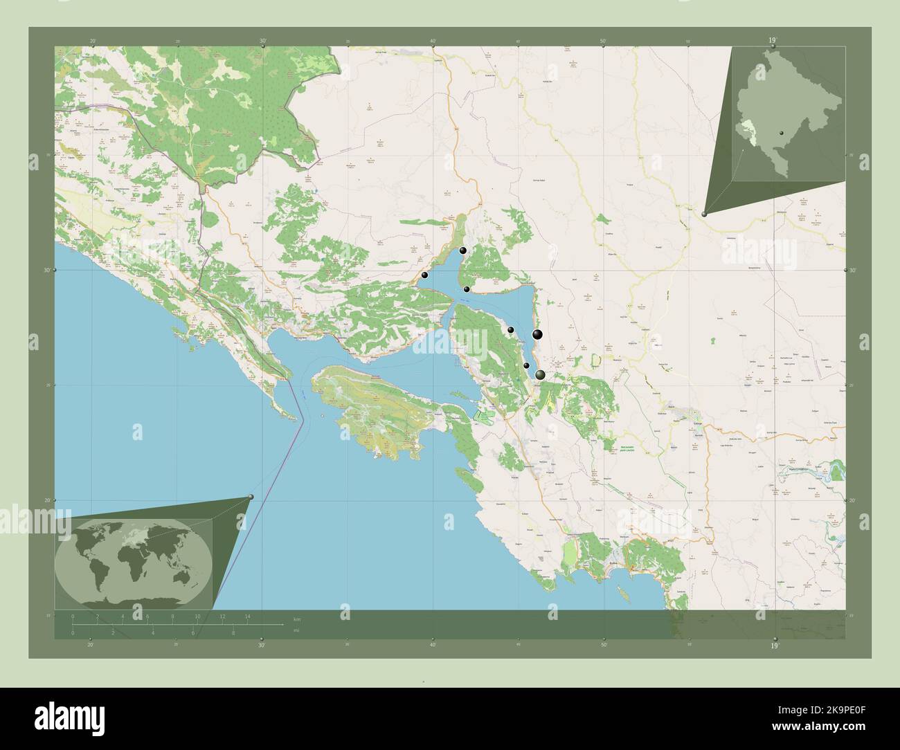 Kotor, municipality of Montenegro. Open Street Map. Locations of major ...