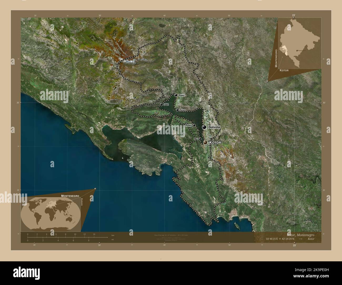 Kotor, municipality of Montenegro. Low resolution satellite map ...