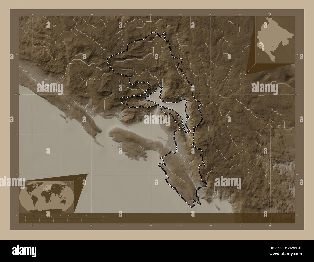 Kotor, municipality of Montenegro. Elevation map colored in sepia tones ...