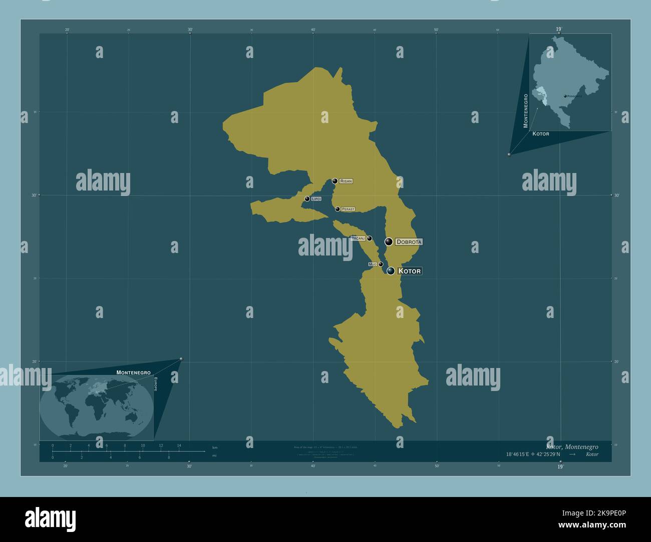 Kotor, municipality of Montenegro. Solid color shape. Locations and ...
