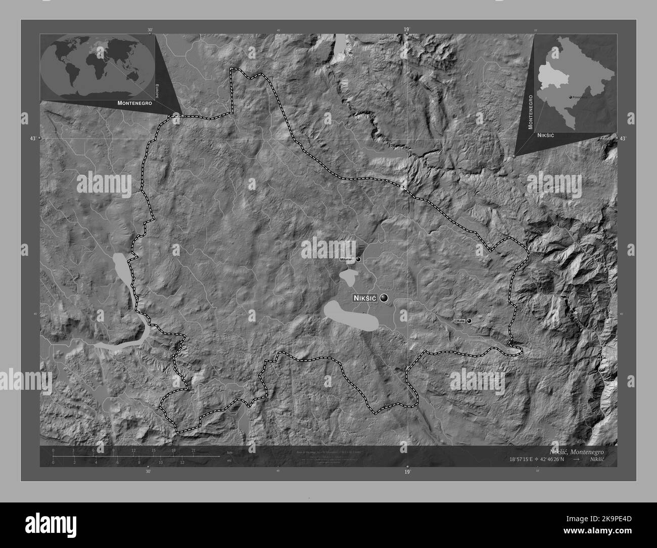 Niksic, municipality of Montenegro. Bilevel elevation map with lakes ...