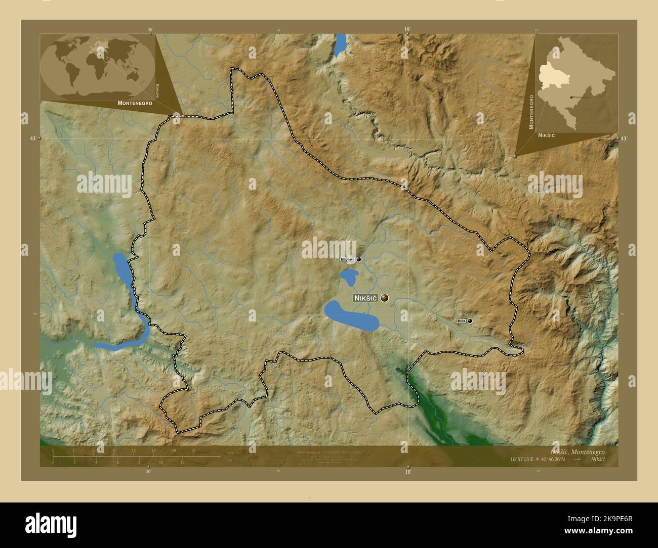 Niksic, municipality of Montenegro. Colored elevation map with lakes ...