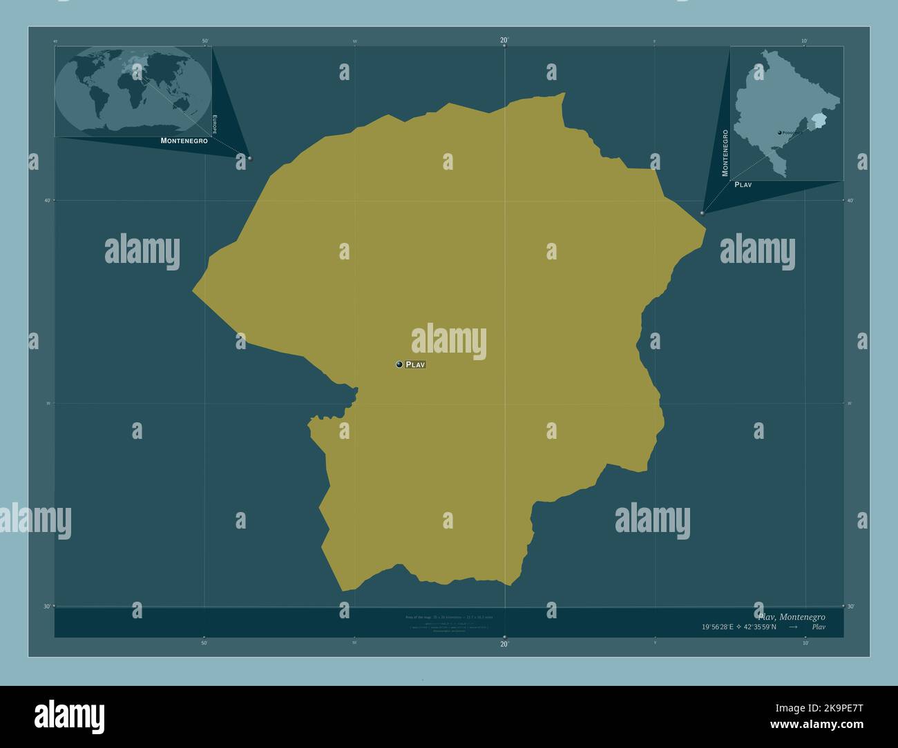 Plav, municipality of Montenegro. Solid color shape. Locations and ...