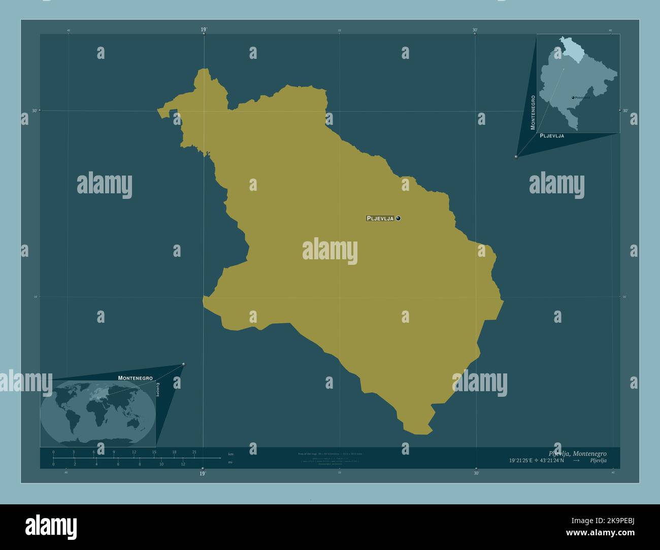 Pljevlja, municipality of Montenegro. Solid color shape. Locations and ...