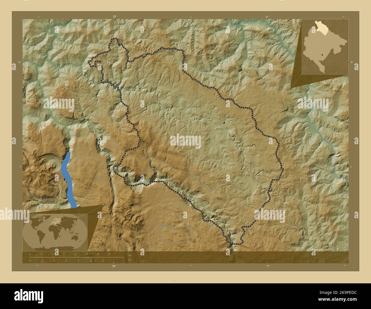 Pljevlja, municipality of Montenegro. Colored elevation map with lakes ...